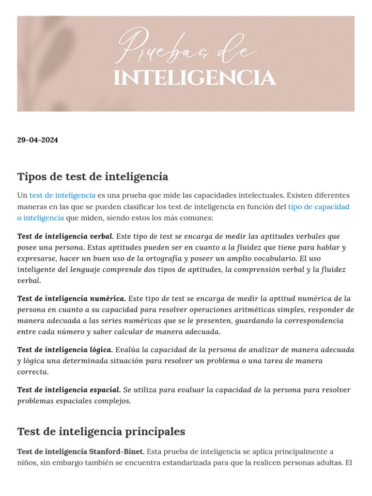 Pruebas de inteligencia | PDF | Inteligencia | Escala de inteligencia para adultos de Wechsler