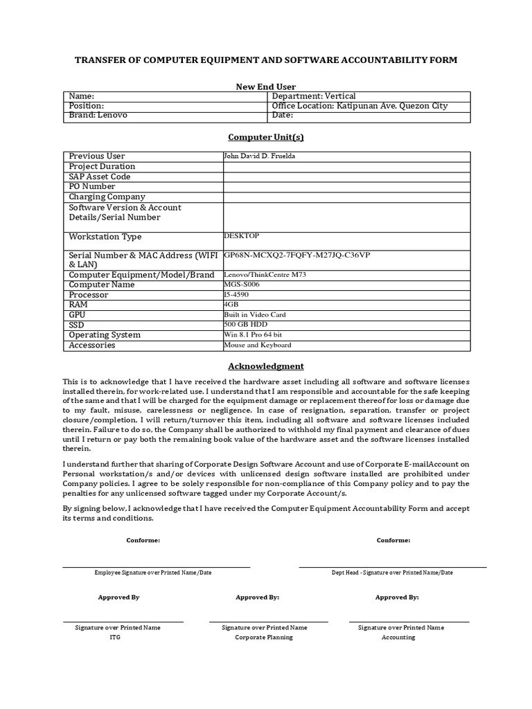Transfer of Equipment - Accountability Form | PDF | Computer Hardware ...
