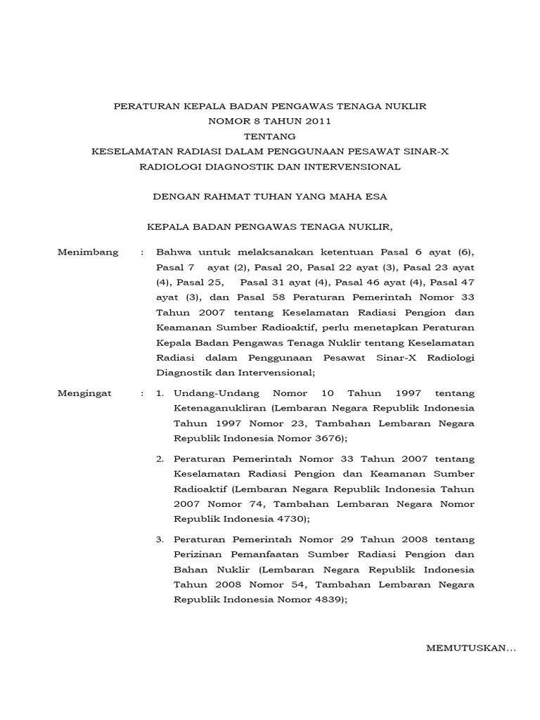 Perka No. 8 TH 2011 - Keselamatan Radiasi Dalam Penggunaan Pesawat ...