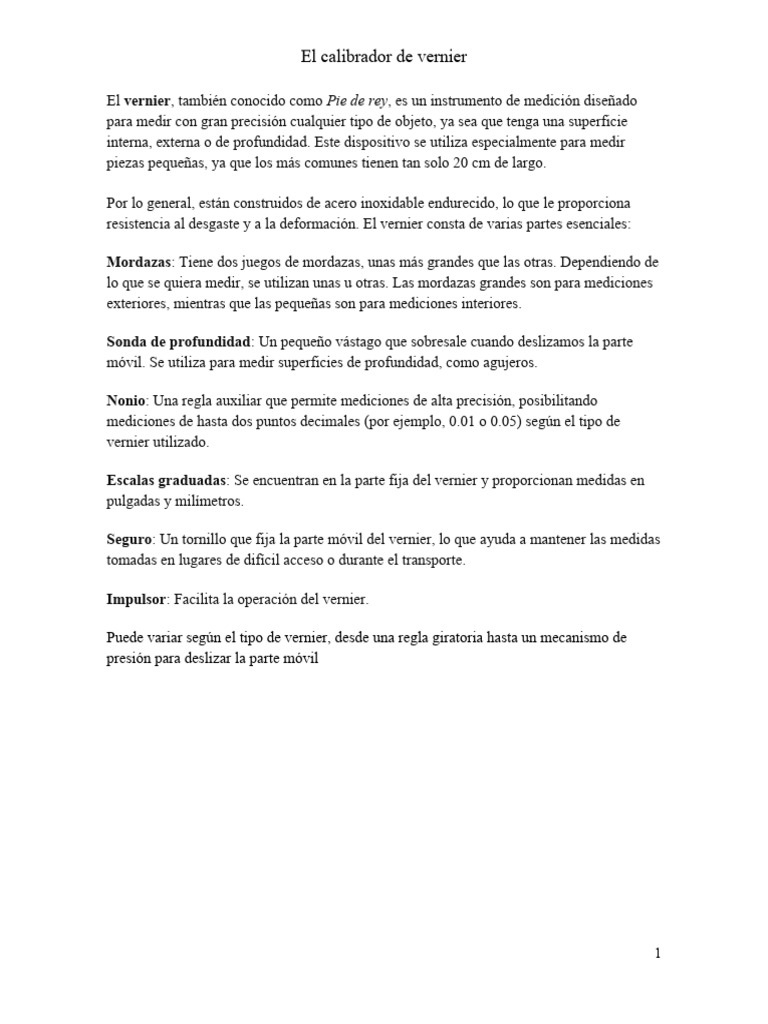 Partes y uso del calibrador vernier | PDF | Medición | Probabilidades y ...