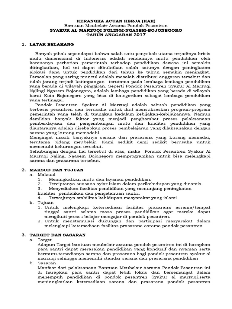 Format 2 - Contoh Kerangka Acuan Kerja (KAK) BOP 2017 | PDF