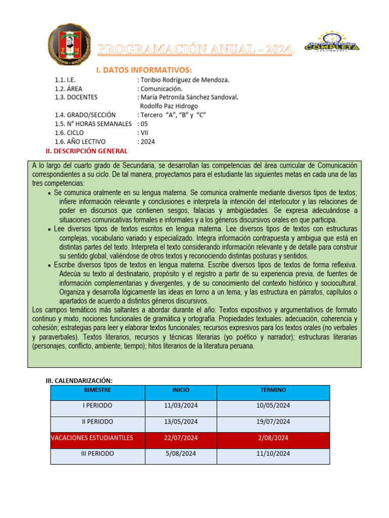 PROGRAMACIÓN ANUAL-comumicación-3ro-2024 | PDF | Evaluación | Conocimiento
