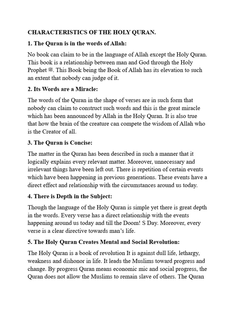 Characteristics of The Holy Quran | PDF | Quran | Islam