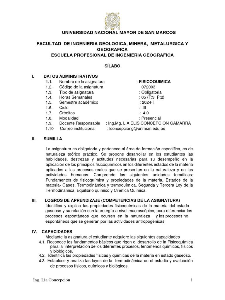 SILABO FISICOQUIMICA 2024 (Ing - Lia Concepción) | PDF | Gases ...