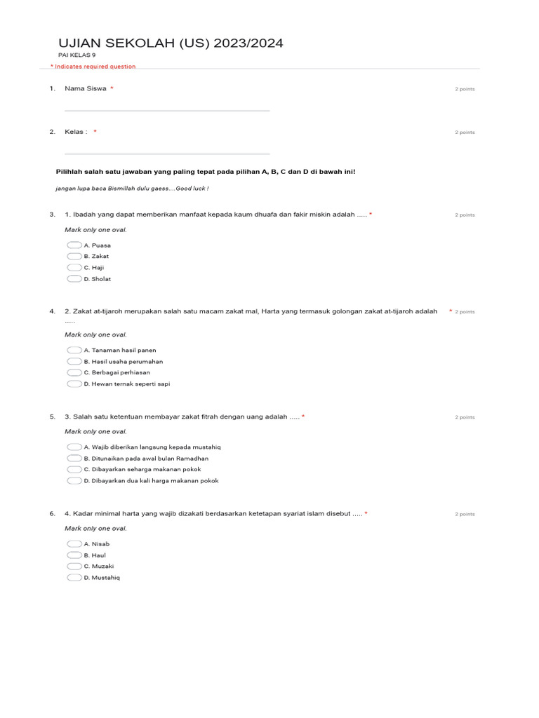 US PAI Kelas 9 2023 - Google Forms | PDF