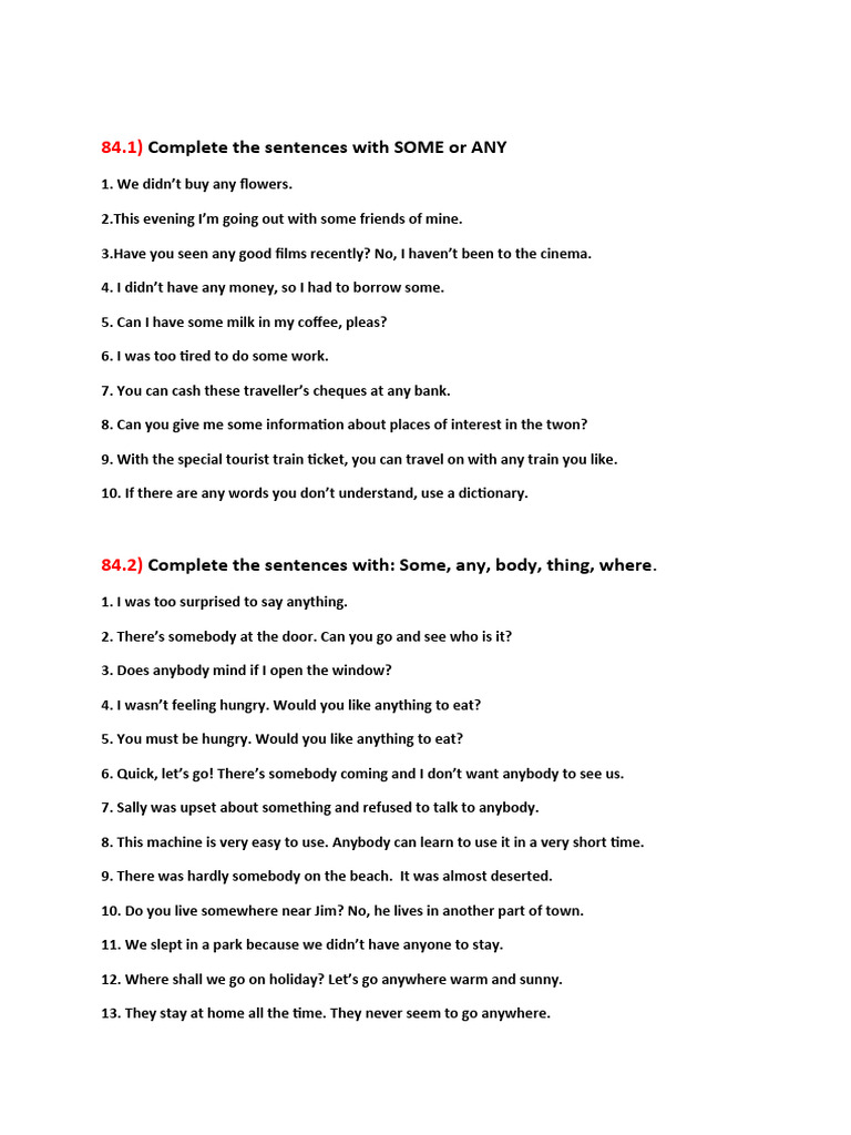 Complete The Sentences With SOME or ANY | PDF