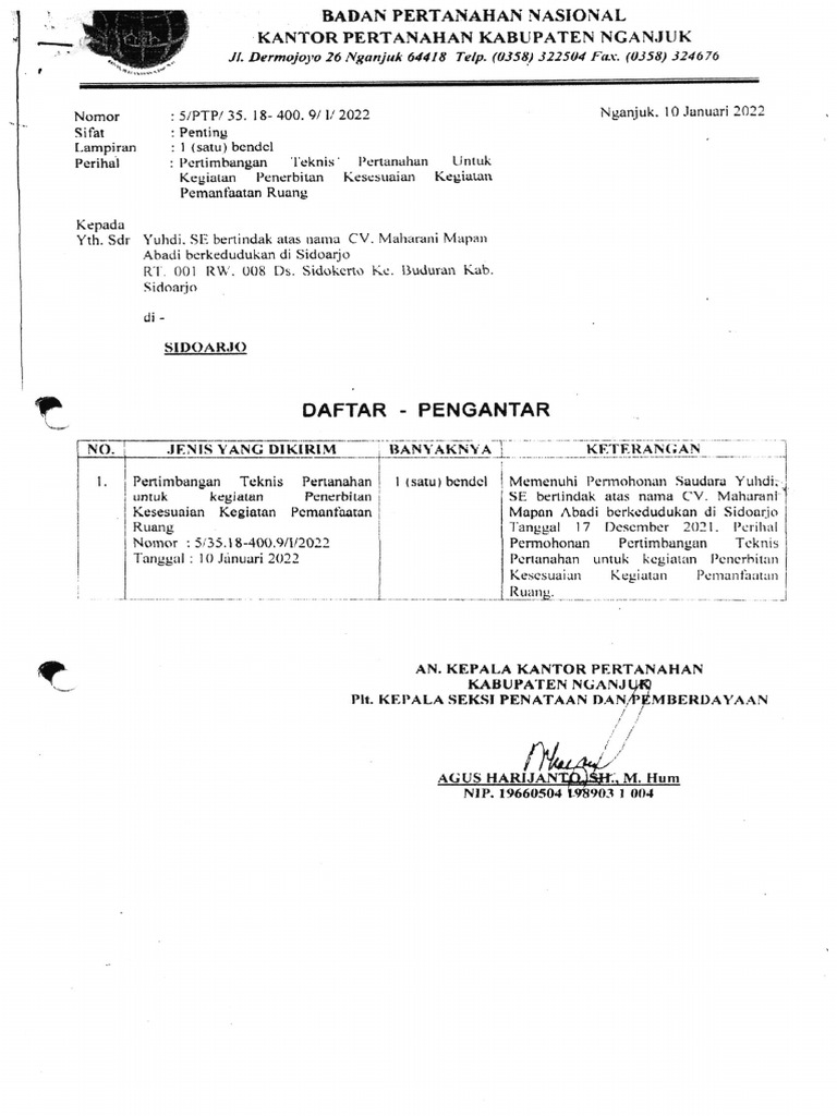 Pertek Pertanahan Untuk Kegiatan Penerbitan Kesesuaian Keg Pemanfaatan ...