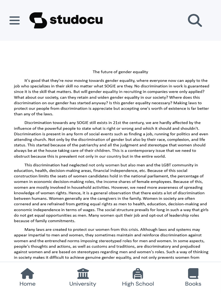 The Future of Gender Equality Personal Reaction Paper - Science ...