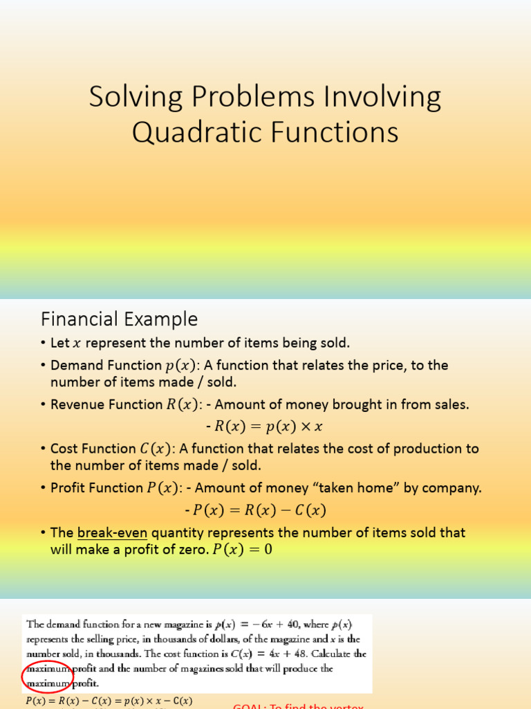 Application Questions With Quadratic Functions | PDF