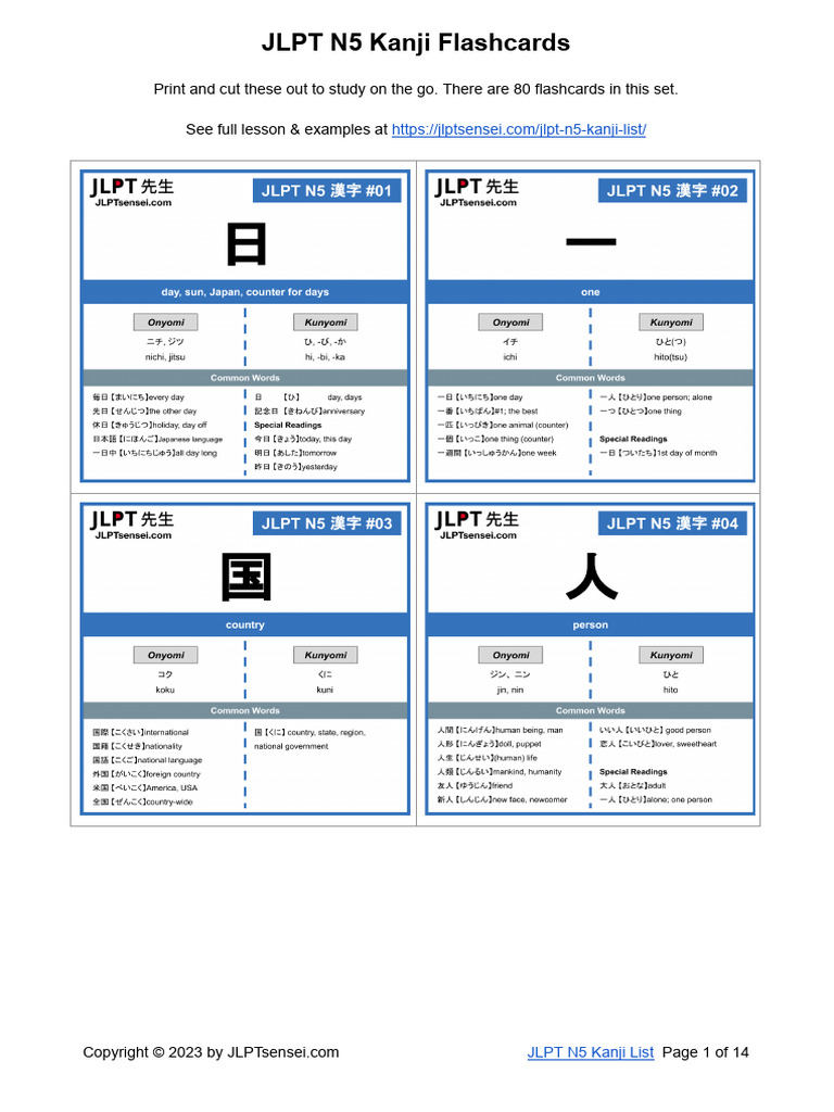 JLPT N5 Kanji List Flashcards (Printable Set) | PDF
