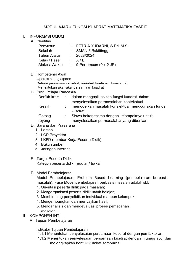 Modul Ajar 2 Fungsi Kuadrat Matematika Fase e | PDF | Seni