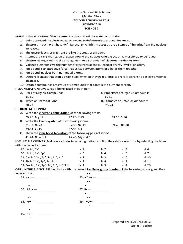2015-16second Periodic Test in Science 9 | PDF | Chemical Bond ...