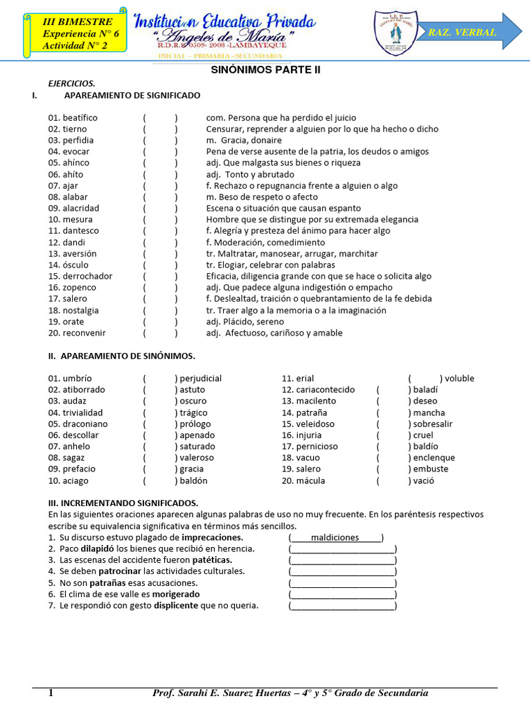 U6-S4 - Ficha de Trabajo-Sinónimos. | PDF