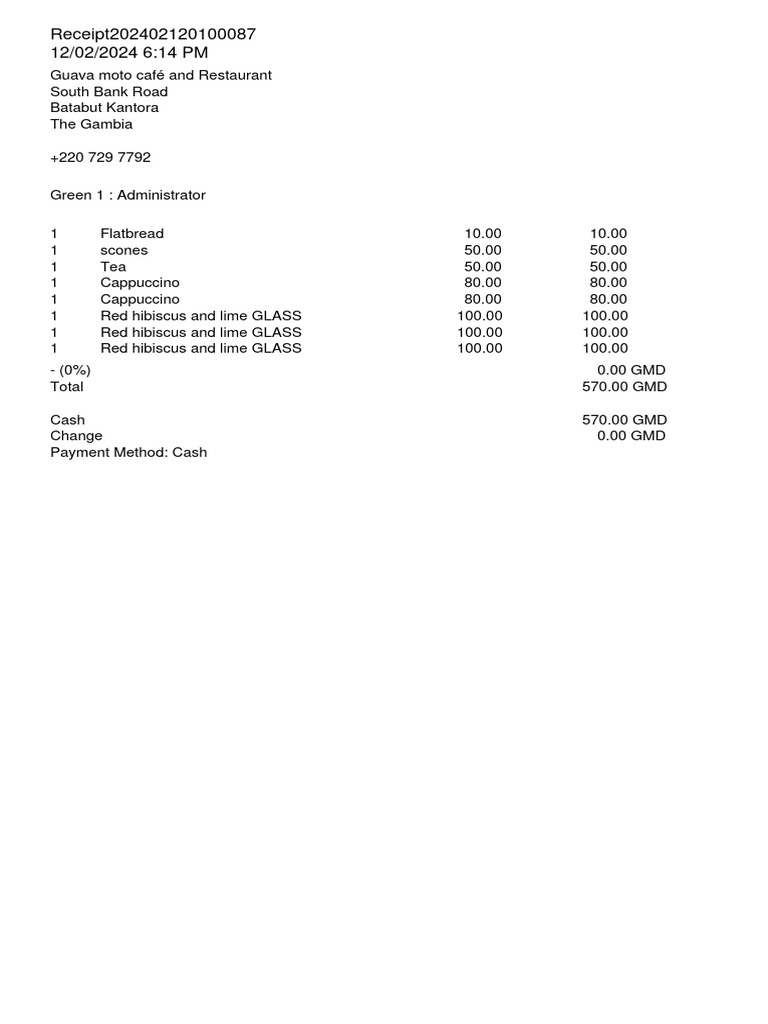 Guava Moto Café Receipt - Gambia | PDF