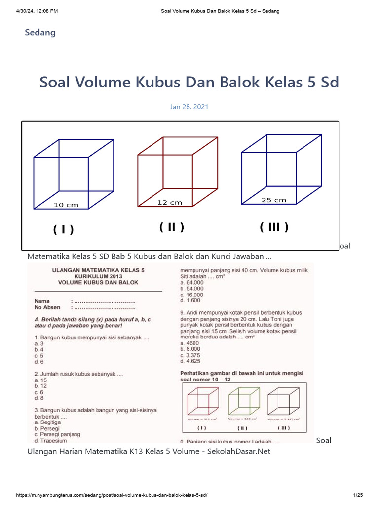 Soal Volume Kubus Dan Balok Kelas 5 SD - Sedang | PDF
