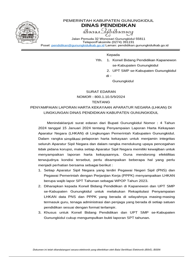 SE Penyampaian LHKAN Di Lingkungan Dinas Pendidikan | PDF