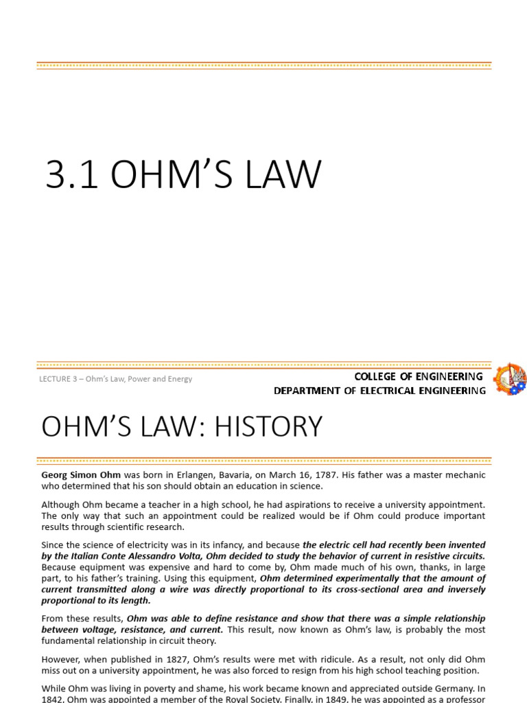 Lecture 3-Ohm's Law | PDF | Voltage | Electrical Resistance And Conductance