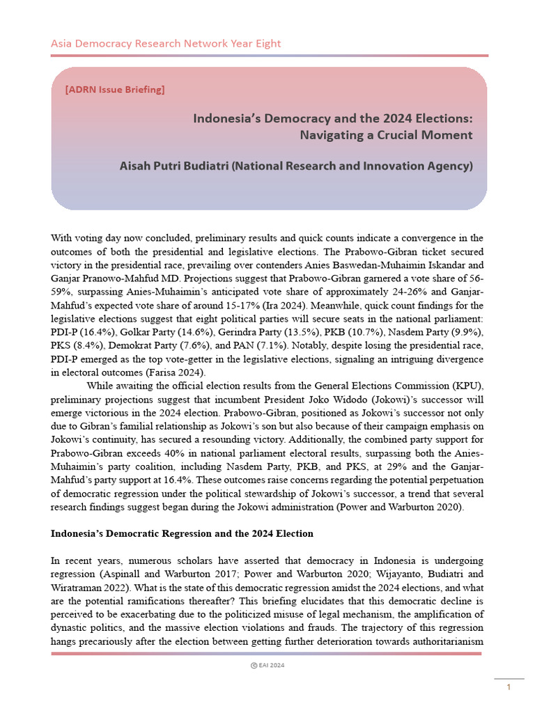 (ADRN Issue Briefing) Indonesia's Democracy and The 2024 Elections | PDF | Elections | Civil Society