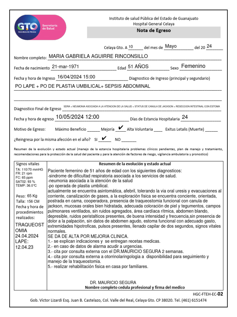 Nota de Egreso | PDF | Epidemiología | Ciencias de la Salud