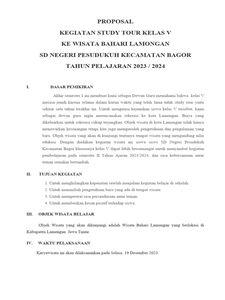 Proposal Karyawisata WBL | PDF