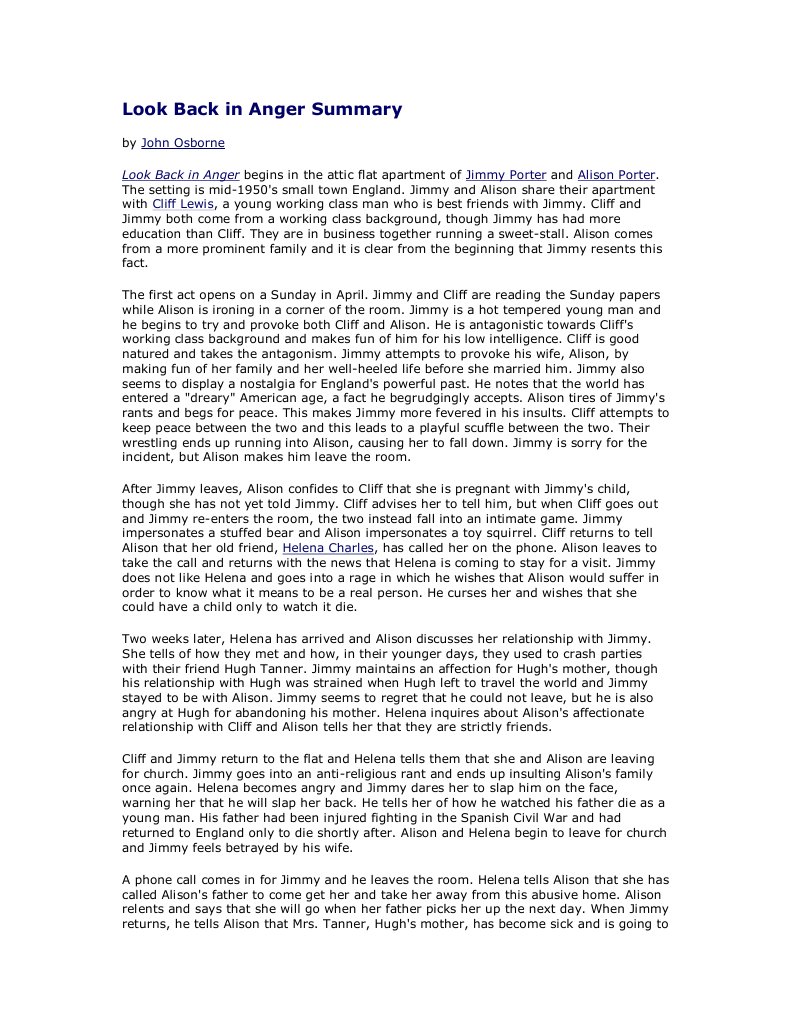 Look Back in Anger Summary | PDF