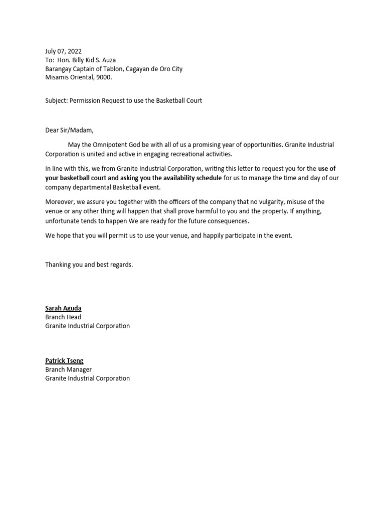 Request to Use Barangay Basketball Court | PDF | Law