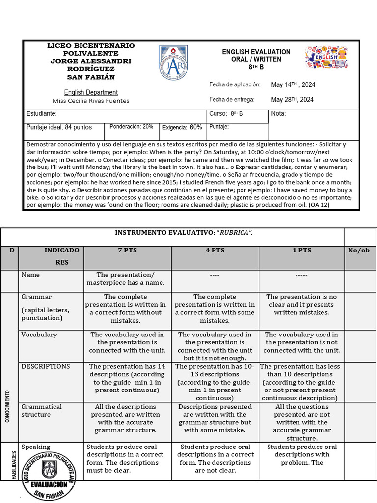 Rubrica Presentacion Abp 8vo B - Rivas - Cecilia | PDF | Grammar | Linguistics
