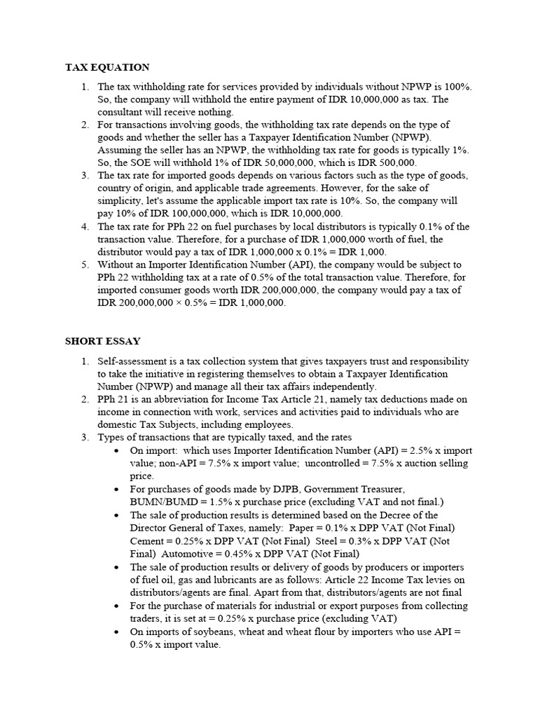 Tax Equation & Short Essay | PDF | Taxes | Value Added Tax