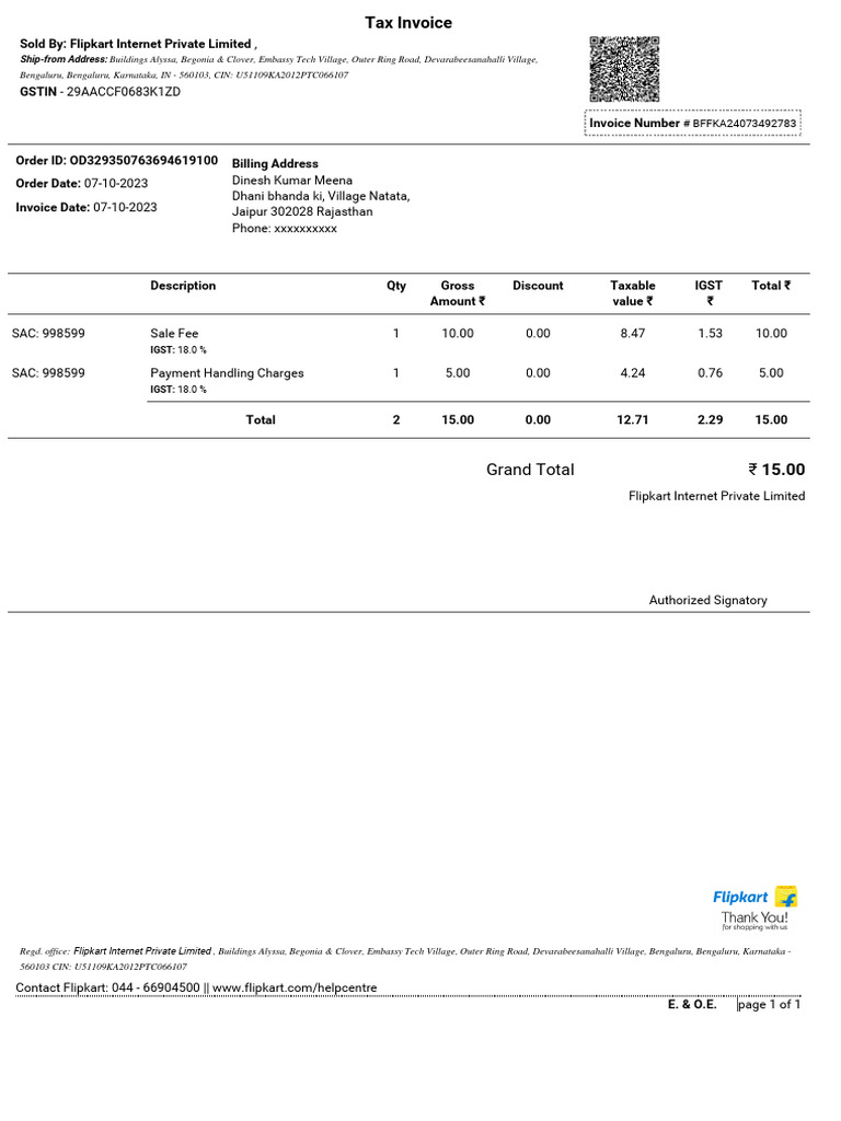 Flipkart Order Invoice For Basic Knowledge | PDF | Payments | Taxes
