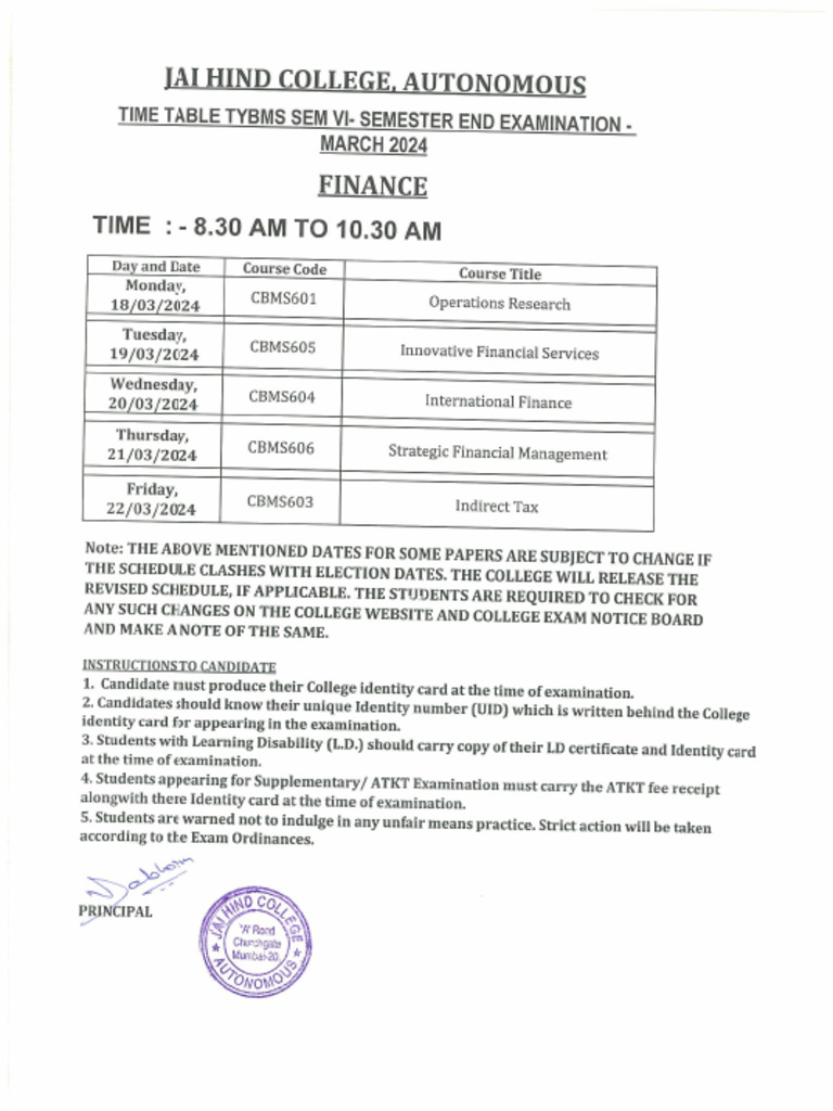 Tybms Fin Sem VI See Timetable March 2024 | PDF