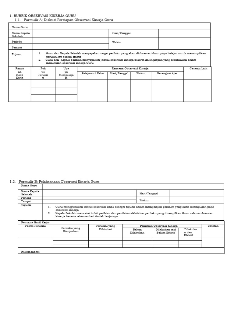 Form Observasi Guru A-D - Word | PDF