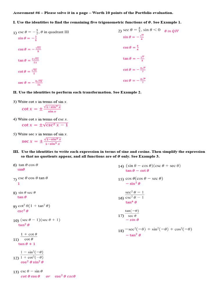 Trigonometric Function Assessment Guide | PDF | Trigonometric Functions ...