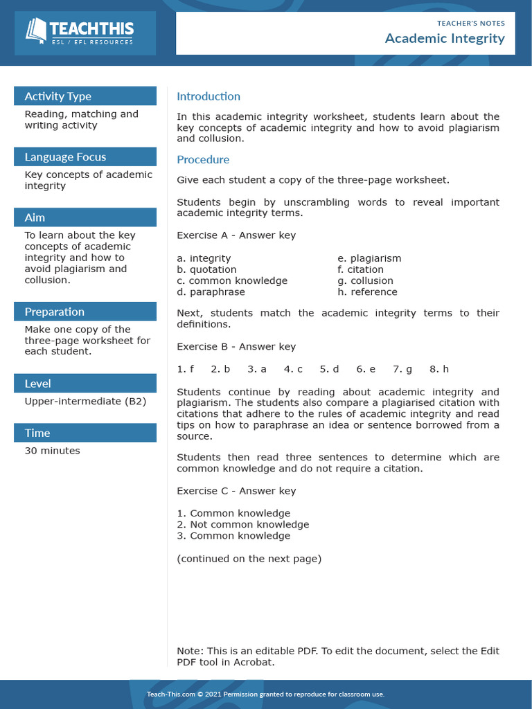 Academic Integrity Worksheet | Download Free PDF | Plagiarism | Socrates