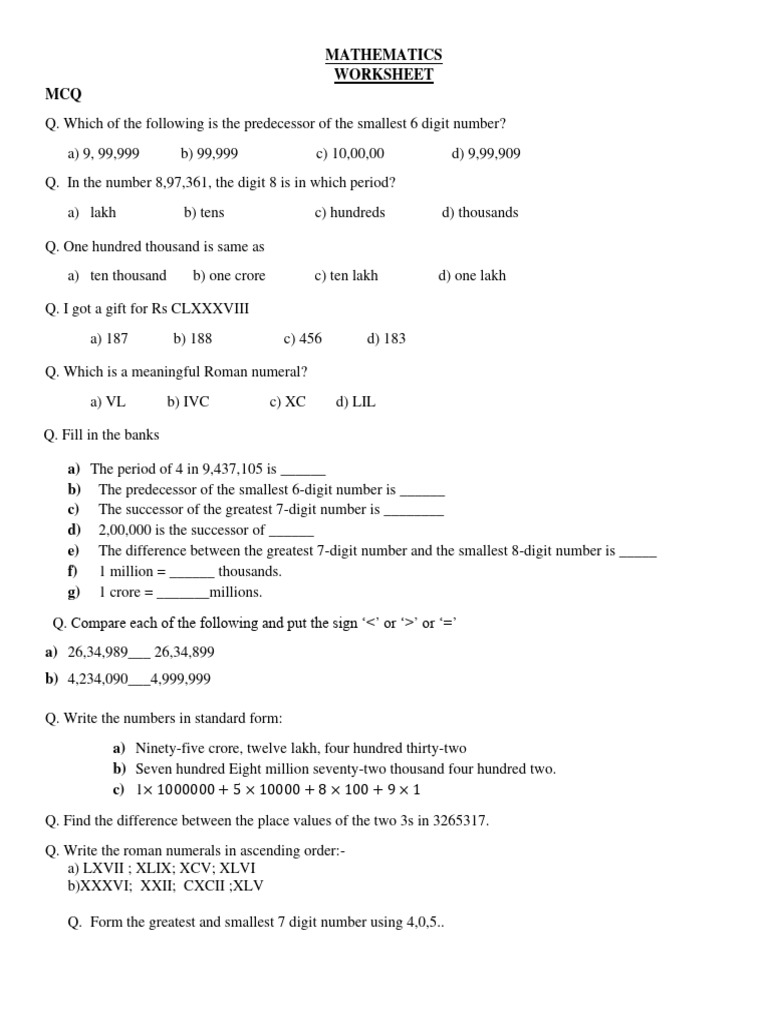 Class 4 Maths Worksheet MCQs | PDF | Symbols | Signal Processing