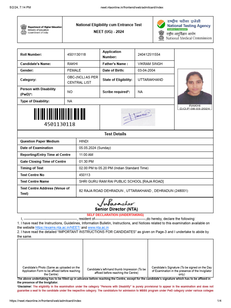 NEET UG 2024 Admit Card Details | PDF | Identity Document