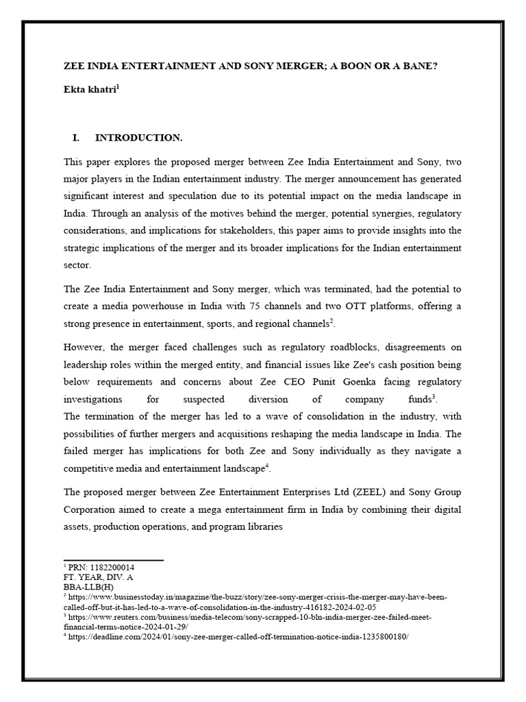 Zee-Sony Merger: Impacts and Challenges | PDF | Mergers And ...