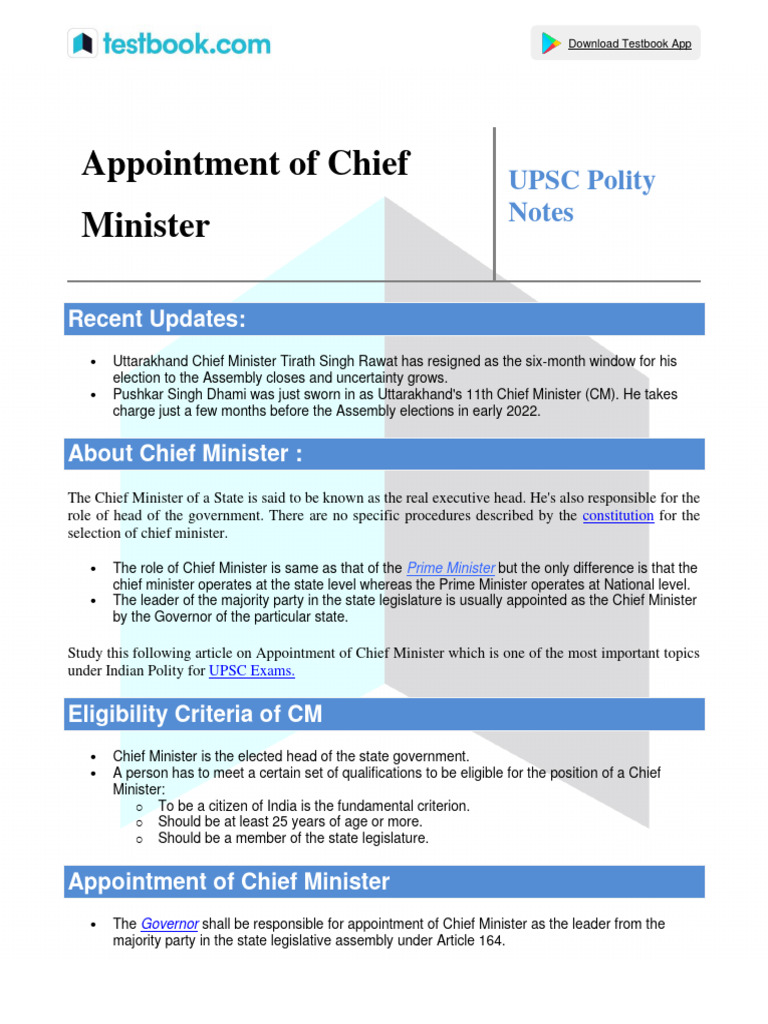 Chief Minister Role & Appointment Guide | PDF | Cabinet (Government ...