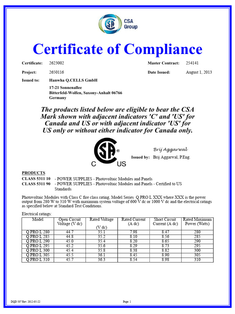 CSA-Certificate PDF-Download - Hanwha Q CELLS | Download Free PDF ...