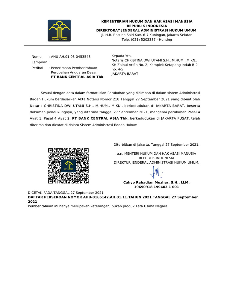 Pemberitahuan Perubahan Anggaran Dasar BCA | PDF