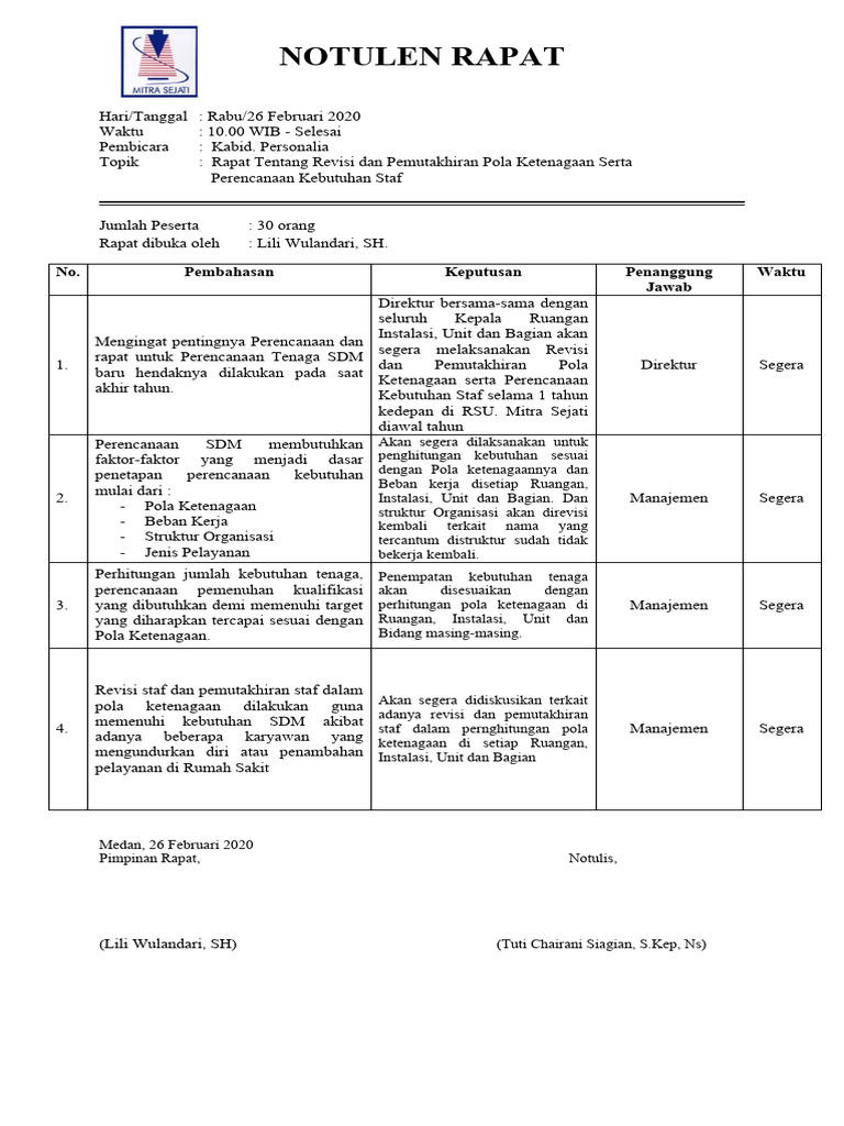 Format Notulen Rapat Revisi Dan Pemutakhiran Pola Ketenagaan Serta ...