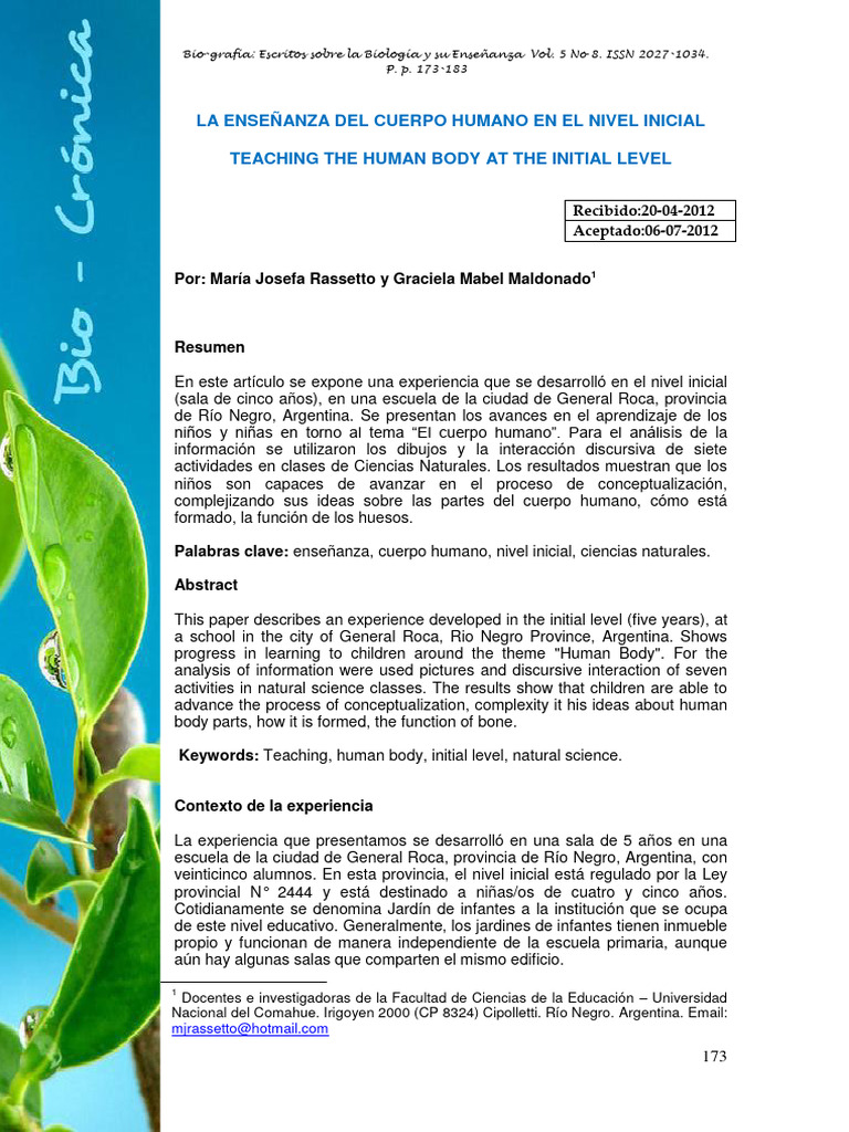 La Ensenanza Del Cuerpo Humano En El Nivel Inicial Pdf Educación De