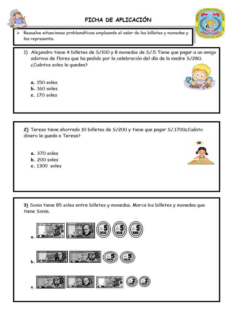 Problemas de Billetes y Monedas para Primaria | PDF