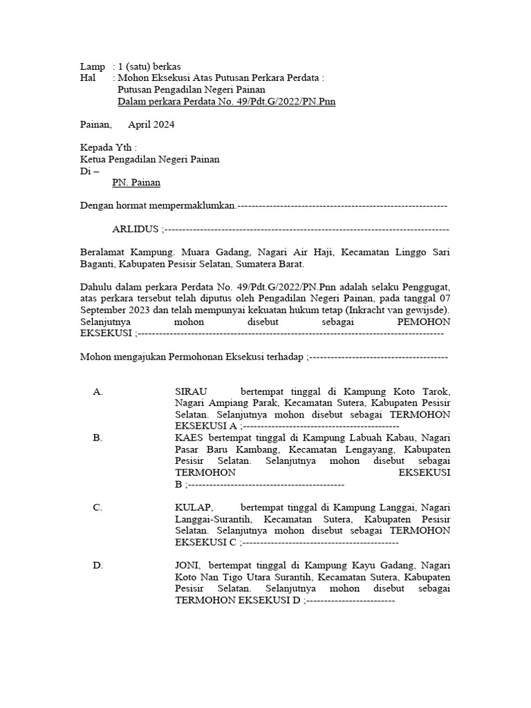 Eksekusi Putusan Perdata Painan 2024 | PDF