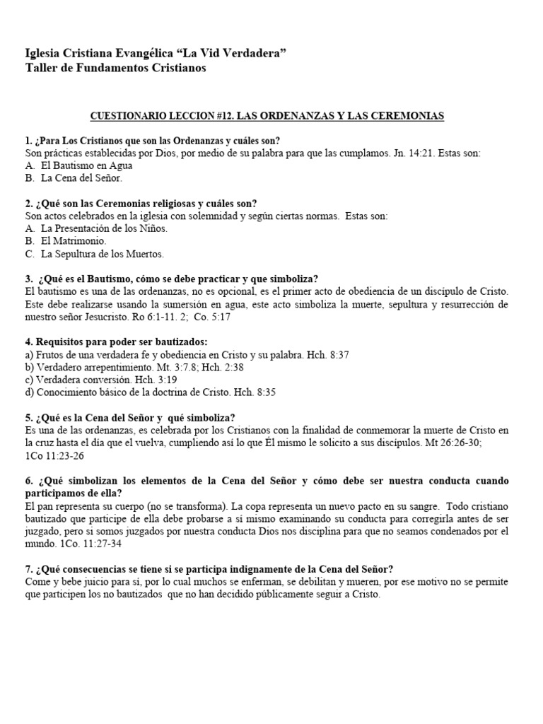 Cuestionario Leccion 12 Fundamentos | PDF | eucaristía | Bautismo