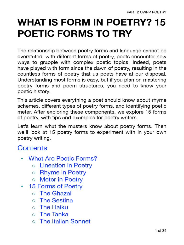Mastering 15 Poetic Forms and Structures | PDF | Poetry | Metre (Poetry)