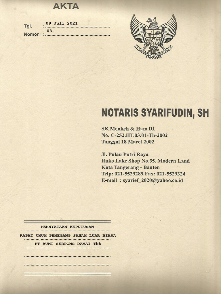 PT Bumi Serpong Damai TBK - Akta PKR No 03 Tanggal 9 Juli 2021 - Dirkom | PDF | Pengelolaan ...