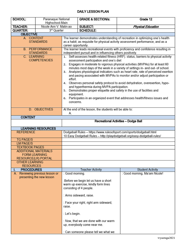 Dodgeball Lesson Plan for Grade 12 | PDF | Learning | Teachers