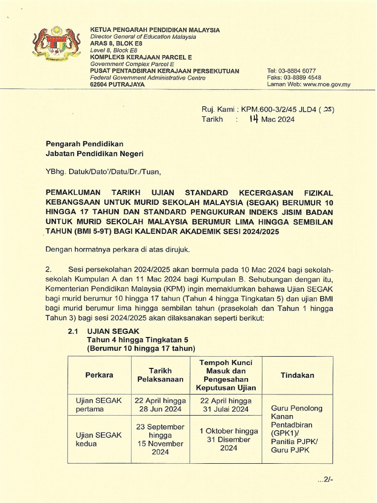 Pemakluman Tarikh Ujian SEGAK BMI 5-9T 20242025 | PDF