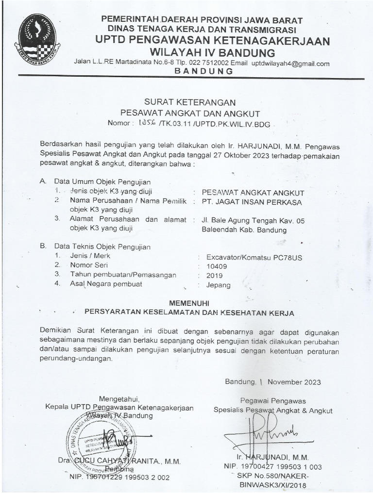 Surat Angkat Angkut Excavator PC 78 | PDF
