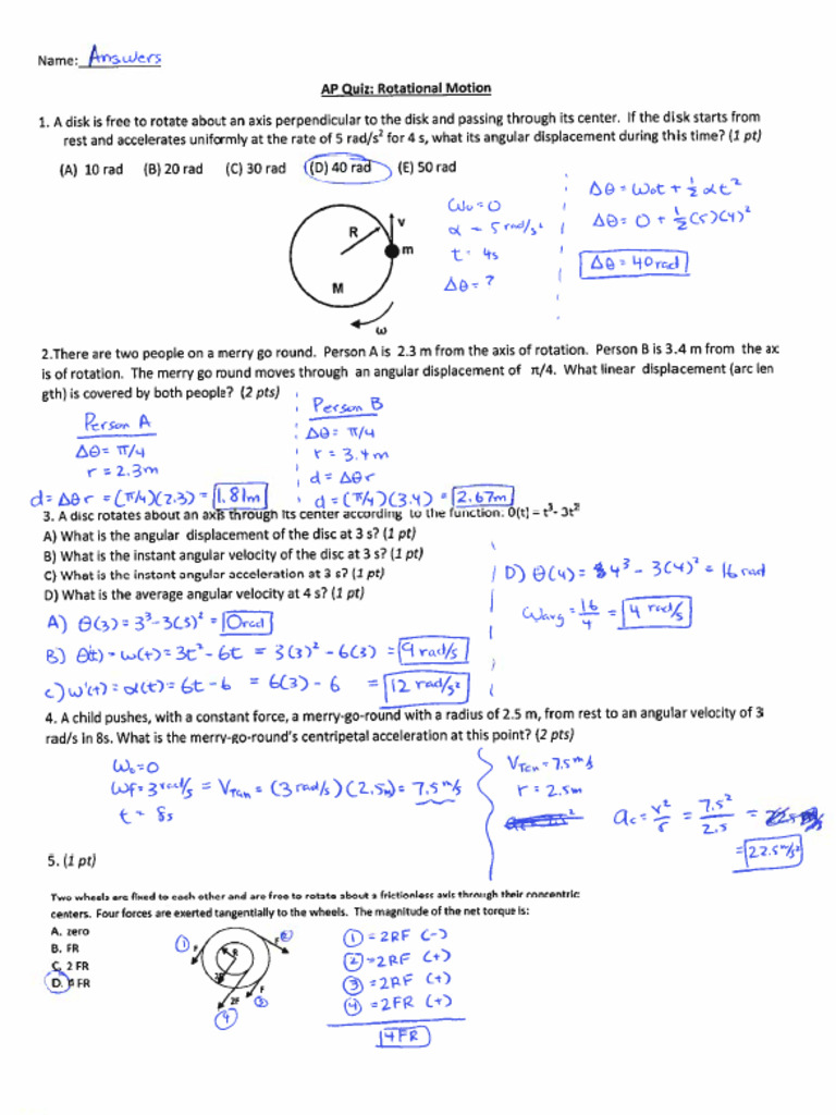 Rotational Motion Quiz (Answers) | PDF
